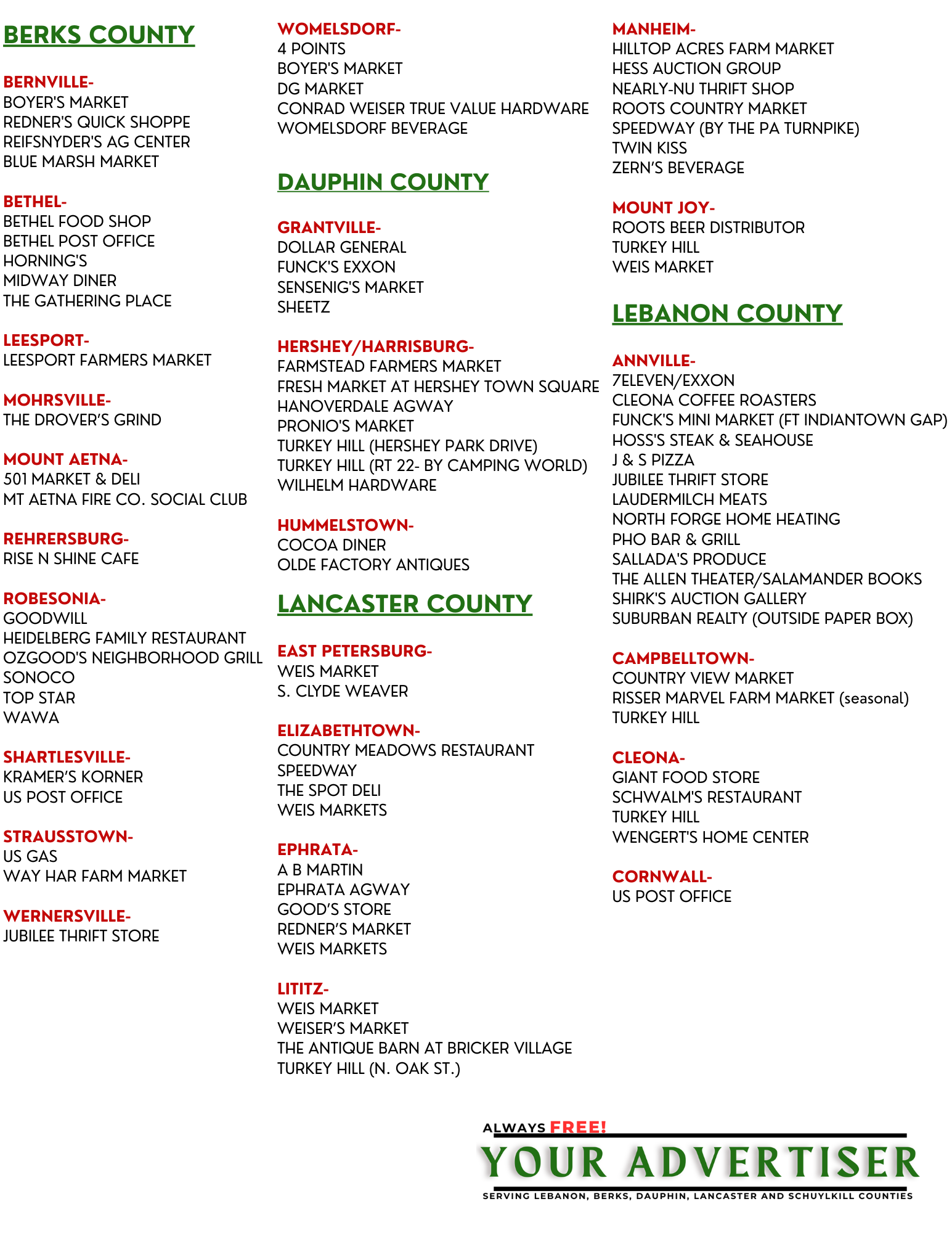 Pickup Locations – YOUR ADVERTISER